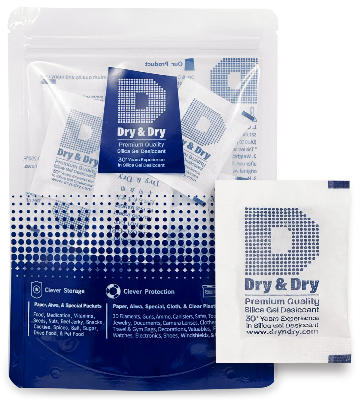 Dry & Dry 5 Gram [30 Packets] Silica Gel Packets, Desiccants - Rechargeable Fabric Silica Gel Packs, Silica Gel, Silica Packets, Desiccant Packs for Storage