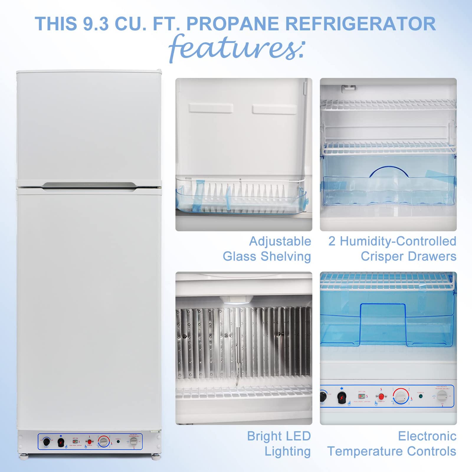 Smad Propane Refrigerator 110V/Propane Fridge Up Freezer 9.3 Cu.Ft Propane Refrigerator with Freezer Large Capacity Refrigerator Off Grid, White