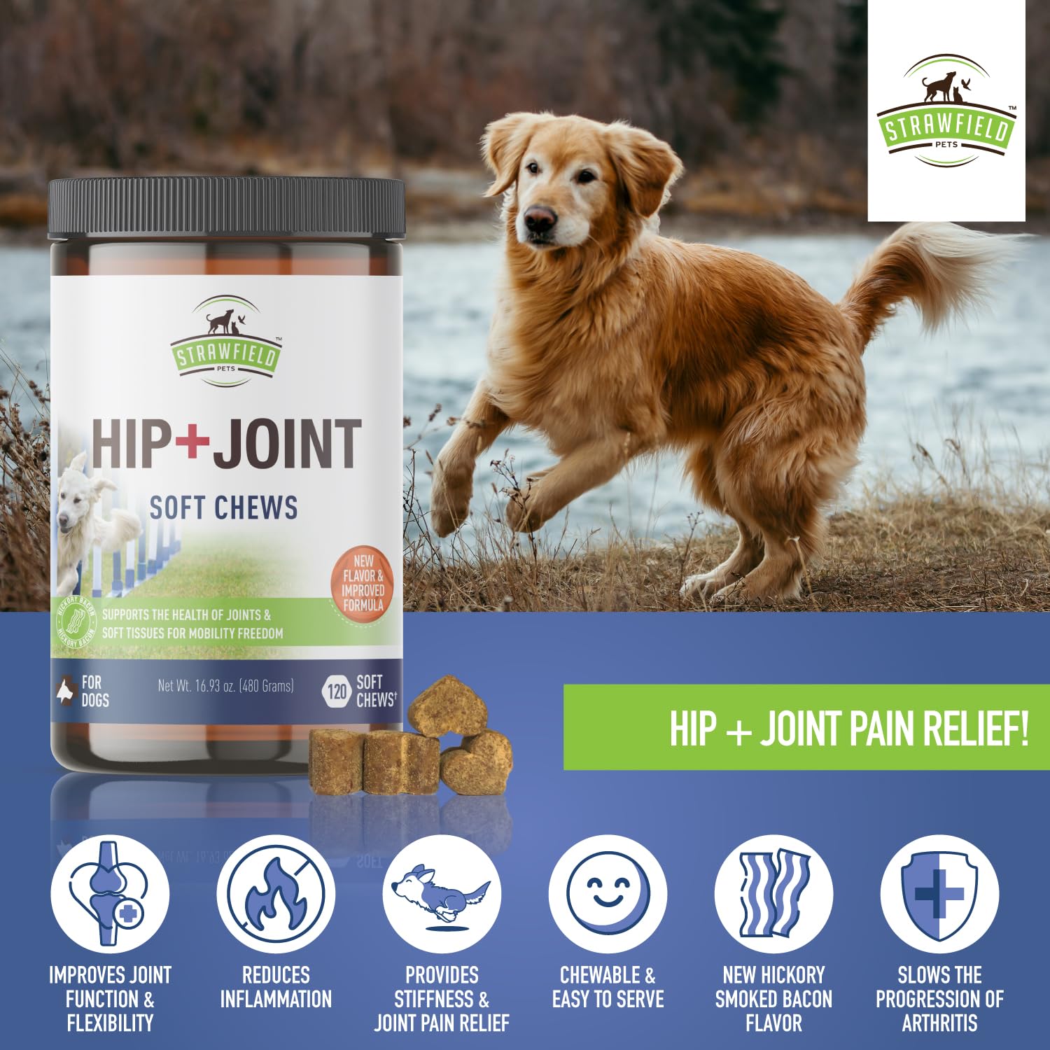 Strawfield Pets Hip + Joint Chews for Dogs Advanced Dog Joint Supplement with Glucosamine Tasty Healthy Mobility Treats Bacon Flavor 120 Count