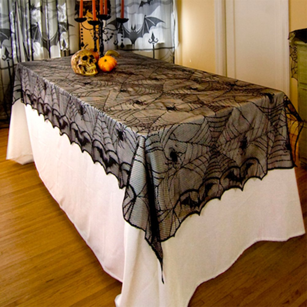 Awtlife Halloween Lace Tablecloth Bat Spider Web For Halloween Party Decor 48"x96"