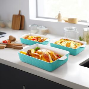 Krokori Casserole Dishes for Oven, Ceramic Baking Dishes, Lasagna Pan with Handles, Porcelain Baking Pan Deep, Bakeware for Baking, Cooking, Wedding Gift, Set of 3 (11.6" x 7.8", Aquamarine)