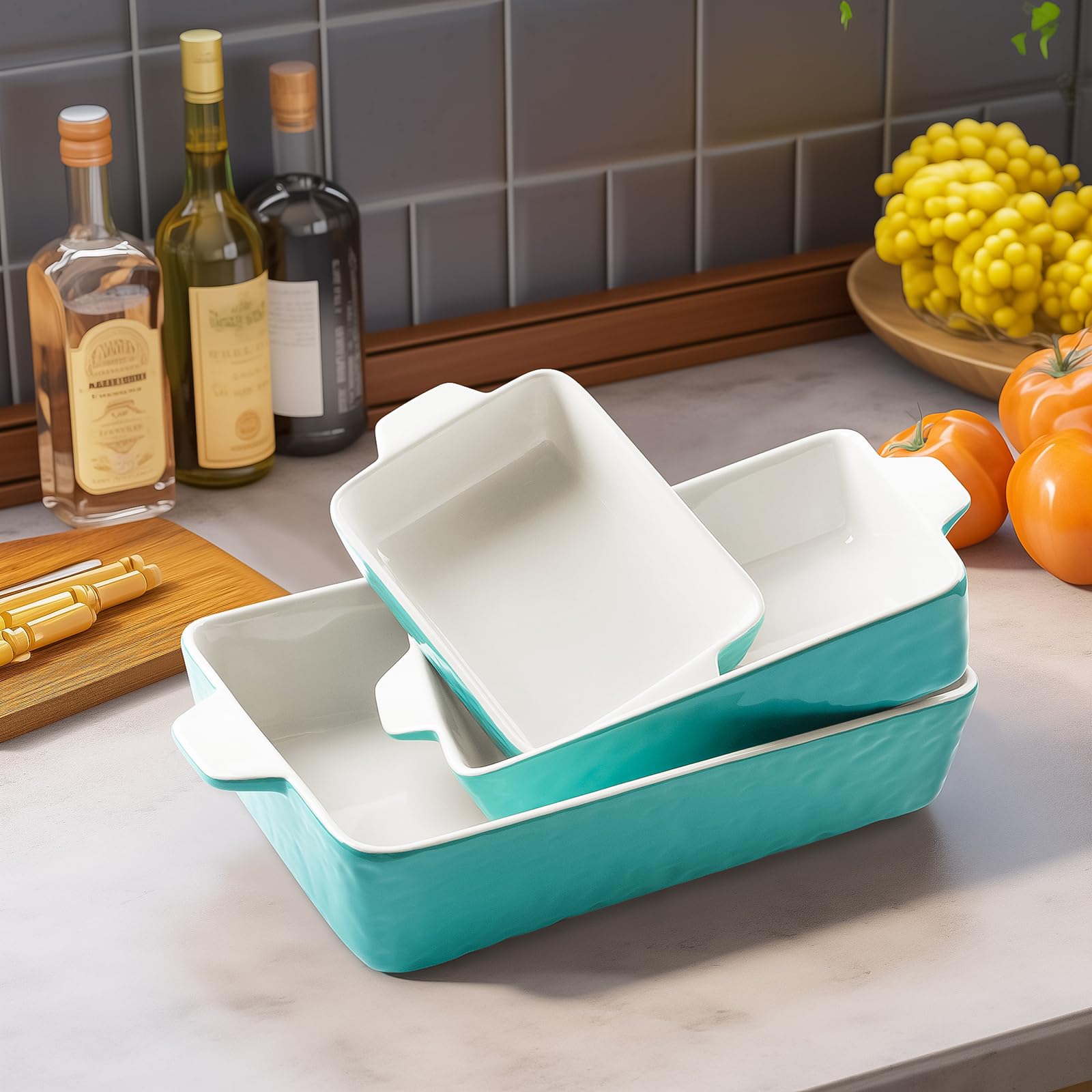 Krokori Casserole Dishes for Oven, Ceramic Baking Dishes, Lasagna Pan with Handles, Porcelain Baking Pan Deep, Bakeware for Baking, Cooking, Wedding Gift, Set of 3 (11.6" x 7.8", Aquamarine)