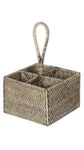 kouboo laguna rattan bottle caddy – decorative basket for organizer kitchen utensils, silverware – boho home decor & storage solution for dining table, pantry, countertop, black wash