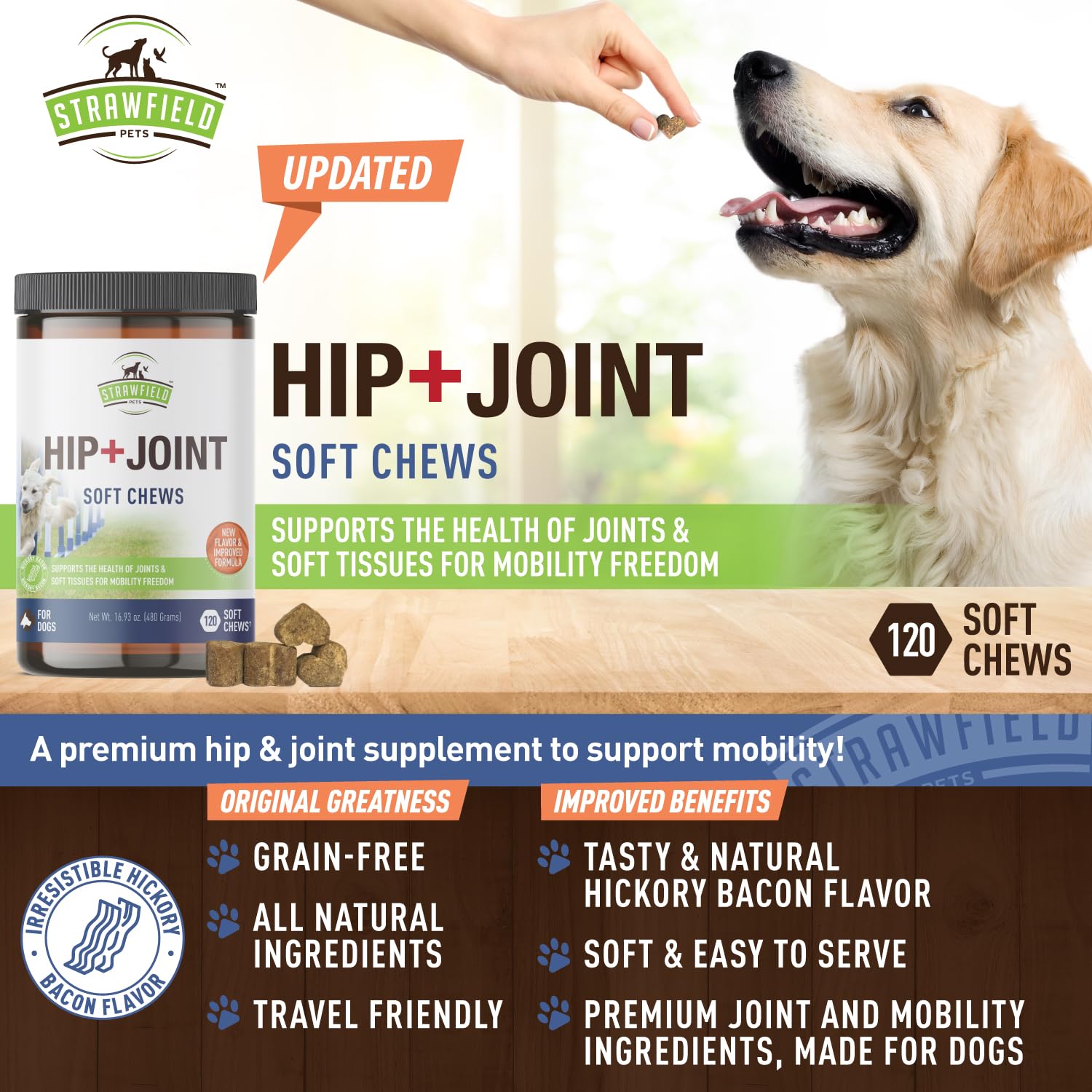 Strawfield Pets Hip + Joint Chews for Dogs Advanced Dog Joint Supplement with Glucosamine Tasty Healthy Mobility Treats Bacon Flavor 120 Count