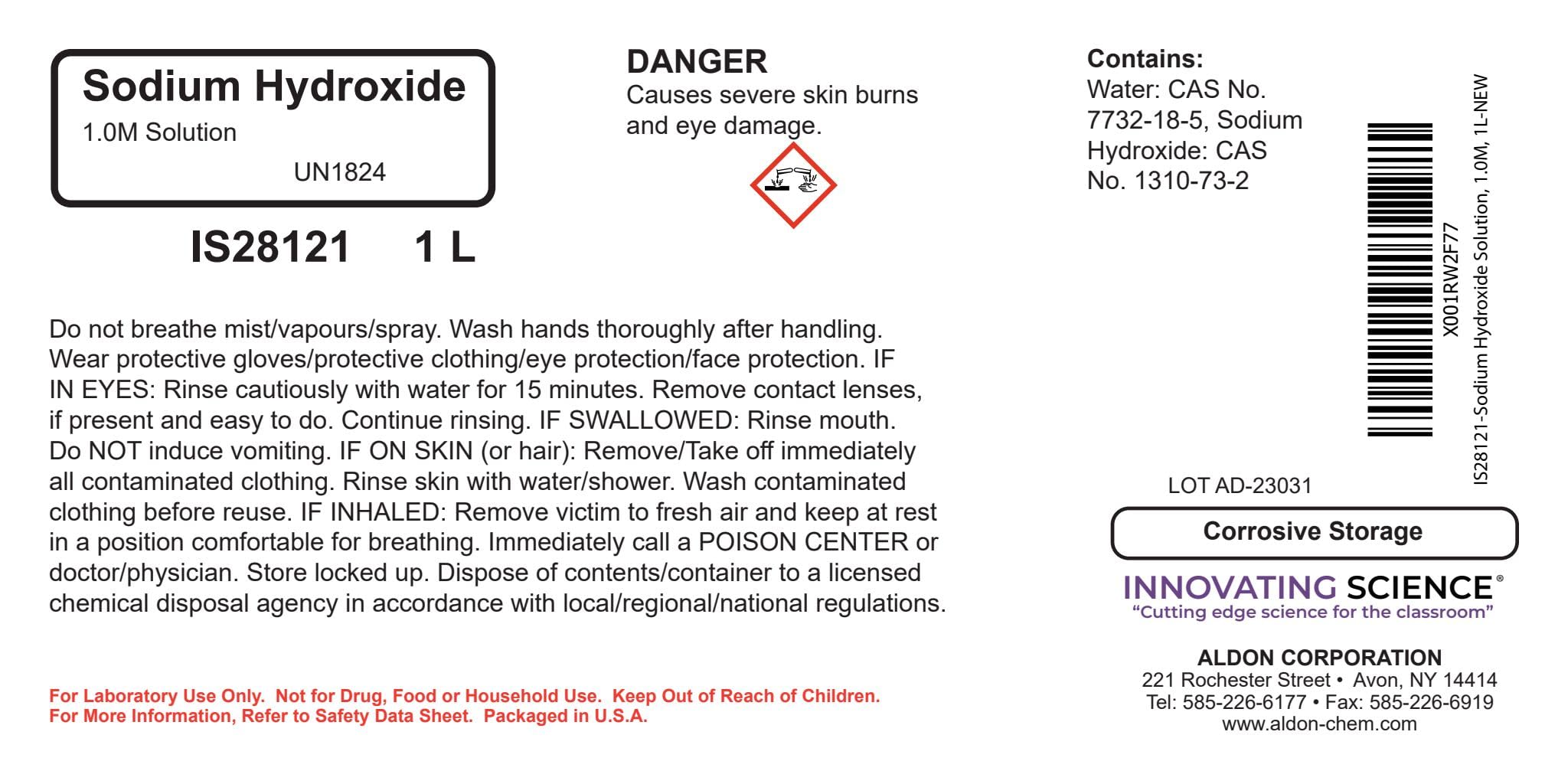 ALDON Innovating Science Sodium Hydroxide Solution, 1.0M, 1L - The Curated Chemical Collection- Made in The USA