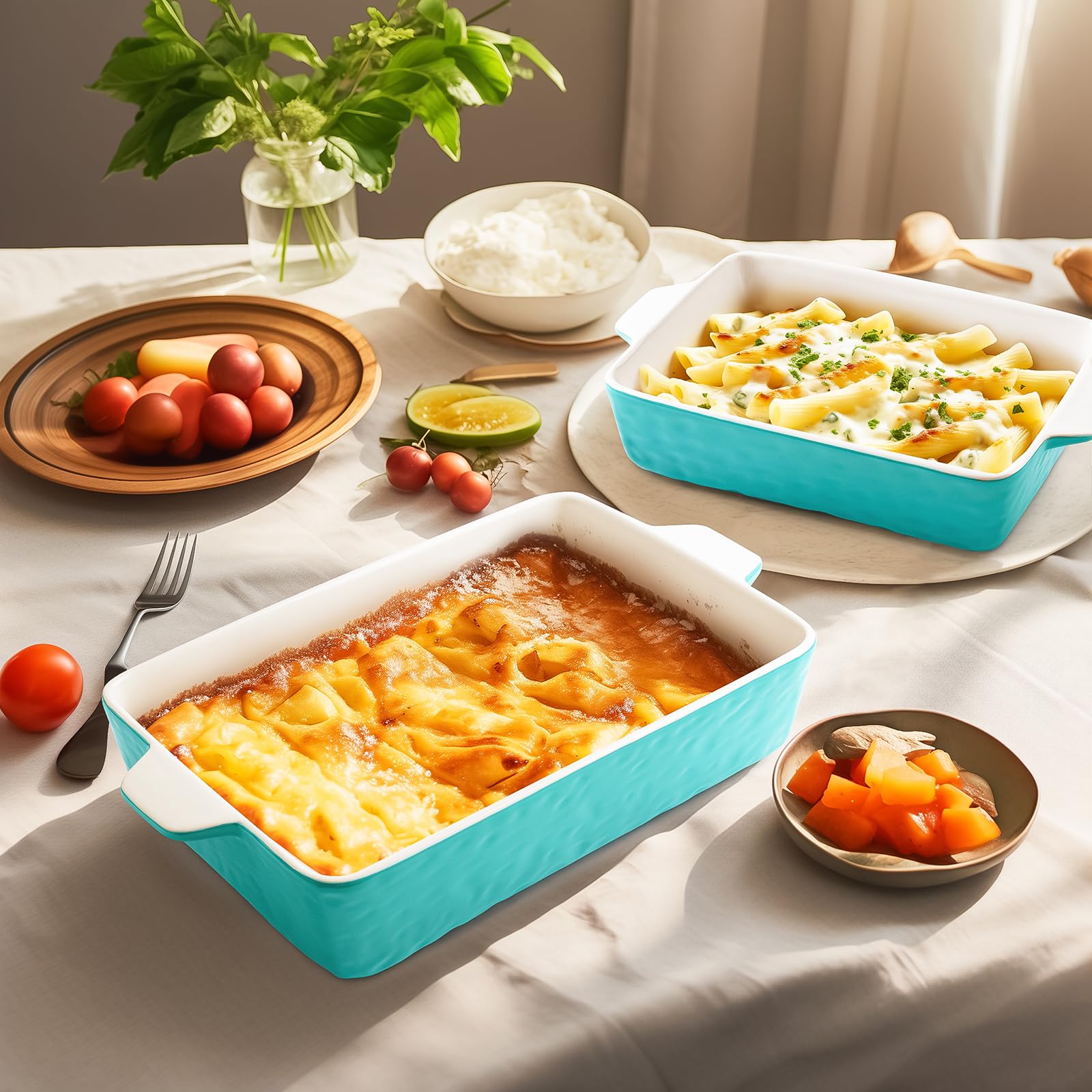 Krokori Casserole Dishes for Oven, Ceramic Baking Dishes, Lasagna Pan with Handles, Porcelain Baking Pan Deep, Bakeware for Baking, Cooking, Wedding Gift, Set of 3 (11.6" x 7.8", Aquamarine)