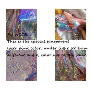 LQIAO 0.5Yard Tansparent Iridescent Pink Mermaid Sequin Fabric Lace Two Tone Flip Up Reversible Sequin Fabric for Evening Wedding Dress Decoration