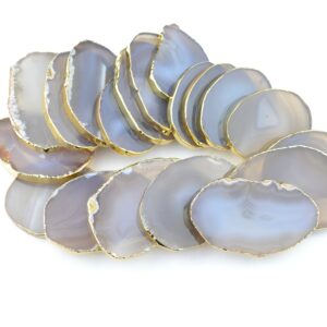 bolin 5 pieces natural white/grey agate slices stone slab gold rim edge plated - 2"-3" for wedding name cards namecards place cards