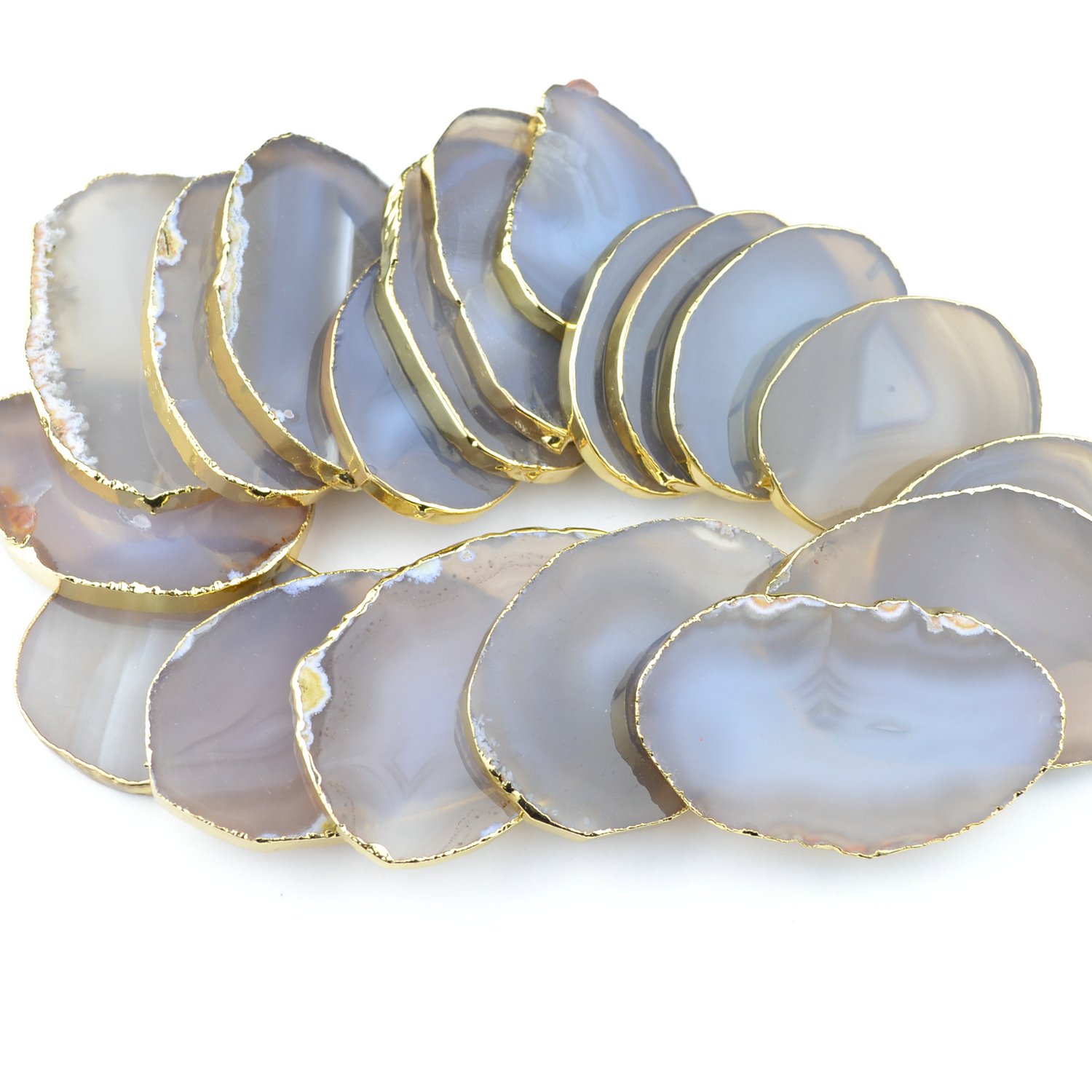 BOLIN 5 Pieces Natural White/Grey Agate Slices Stone Slab Gold Rim Edge Plated - 2"-3" for Wedding Name Cards Namecards Place Cards