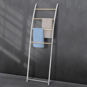 MyGift 4 Rung White Wall Leaning Blanket Ladder for Bedroom and Living Room, Bath Towel Storage Ladder, Freestanding Bathroom Drying Rack for Towels with Top and Bottom Non Slip Rubber Feet