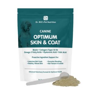 dr. bill’s canine optimum skin & coat (680g) – fish oil omega-3 fatty acids dog supplement with biotin, type i & iii marine collagen, hyaluronic acid & folic acid