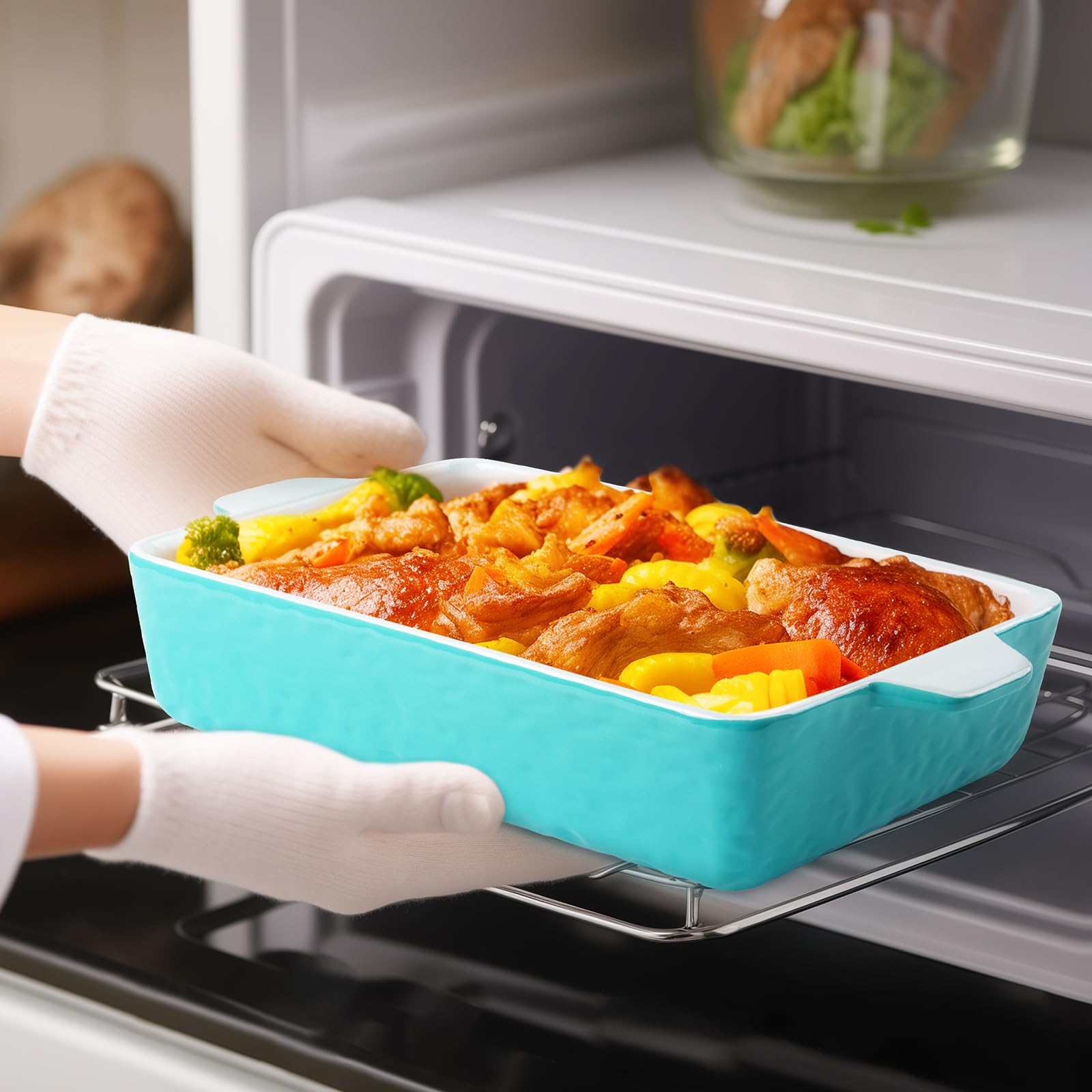 Krokori Casserole Dishes for Oven, Ceramic Baking Dishes, Lasagna Pan with Handles, Porcelain Baking Pan Deep, Bakeware for Baking, Cooking, Wedding Gift, Set of 3 (11.6" x 7.8", Aquamarine)