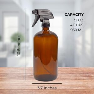 Cornucopia 32oz Amber Glass Spray Bottles (2-Pack); Brown Bottles w/ 3-Setting Trigger Sprayers; Includes Caps for Storage