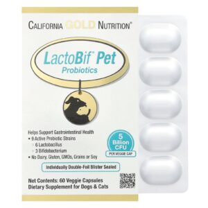 lactobif pet probiotics, 5 bllion cfu, for dogs & cats, 9 active & clinically researched probiotic strains, individually double-foil blister sealed, 60 veggie capsules