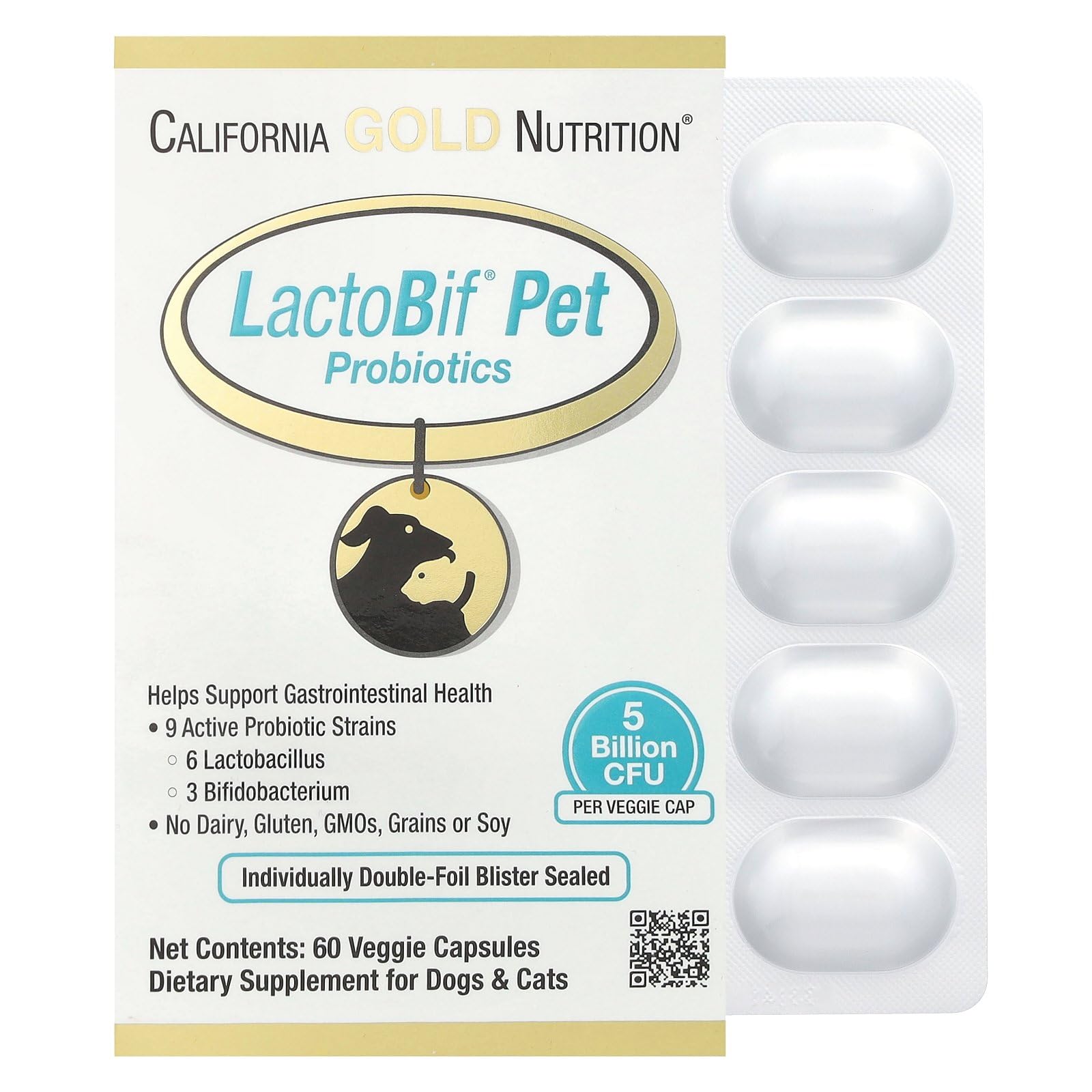 LactoBif Pet Probiotics, 5 Bllion CFU, for Dogs & Cats, 9 Active & Clinically Researched Probiotic Strains, Individually Double-foil Blister Sealed, 60 Veggie Capsules