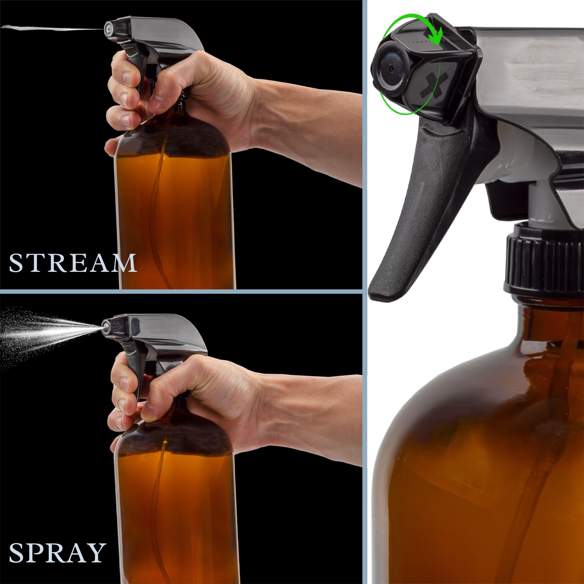 Cornucopia 32oz Amber Glass Spray Bottles (2-Pack); Brown Bottles w/ 3-Setting Trigger Sprayers; Includes Caps for Storage