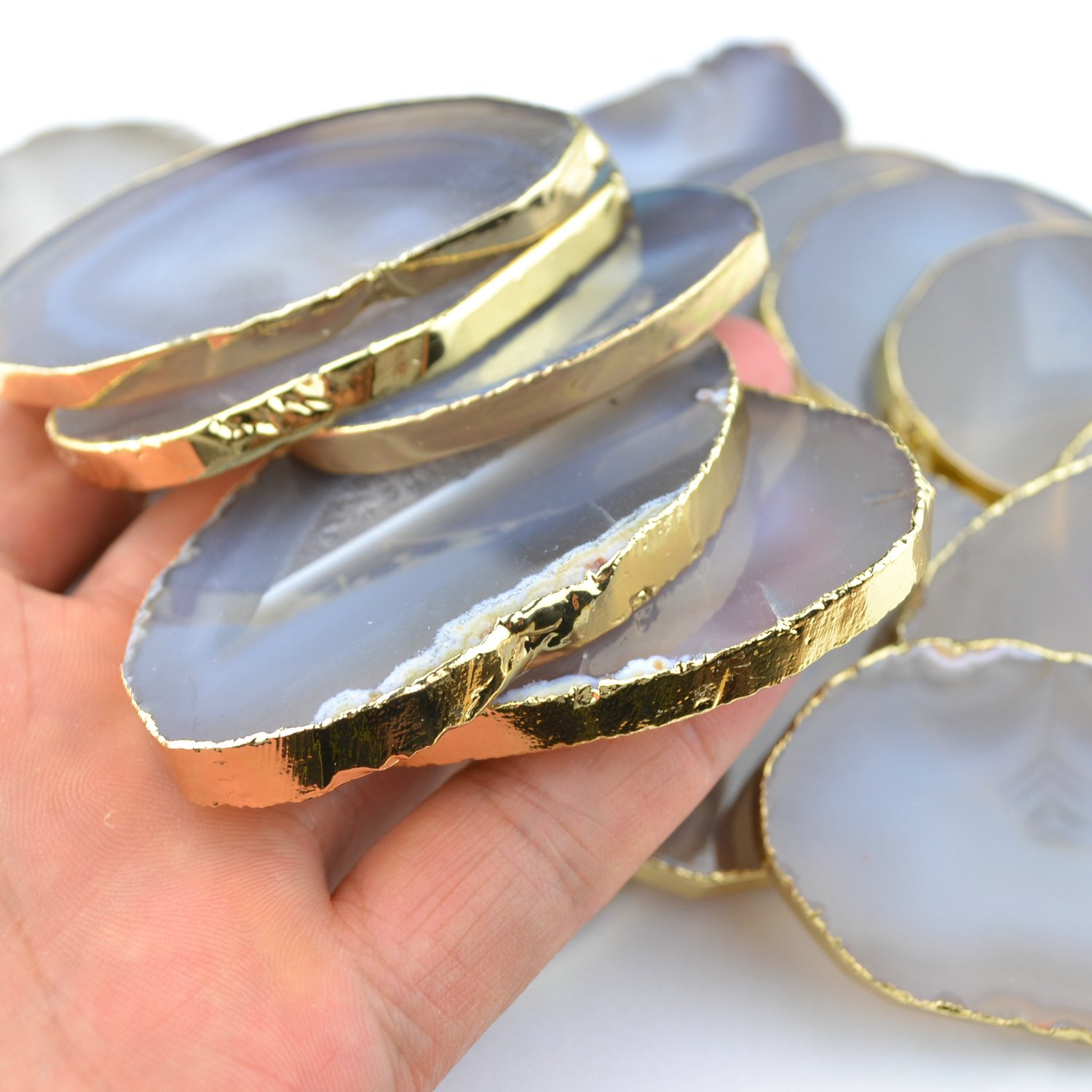 BOLIN 5 Pieces Natural White/Grey Agate Slices Stone Slab Gold Rim Edge Plated - 2"-3" for Wedding Name Cards Namecards Place Cards