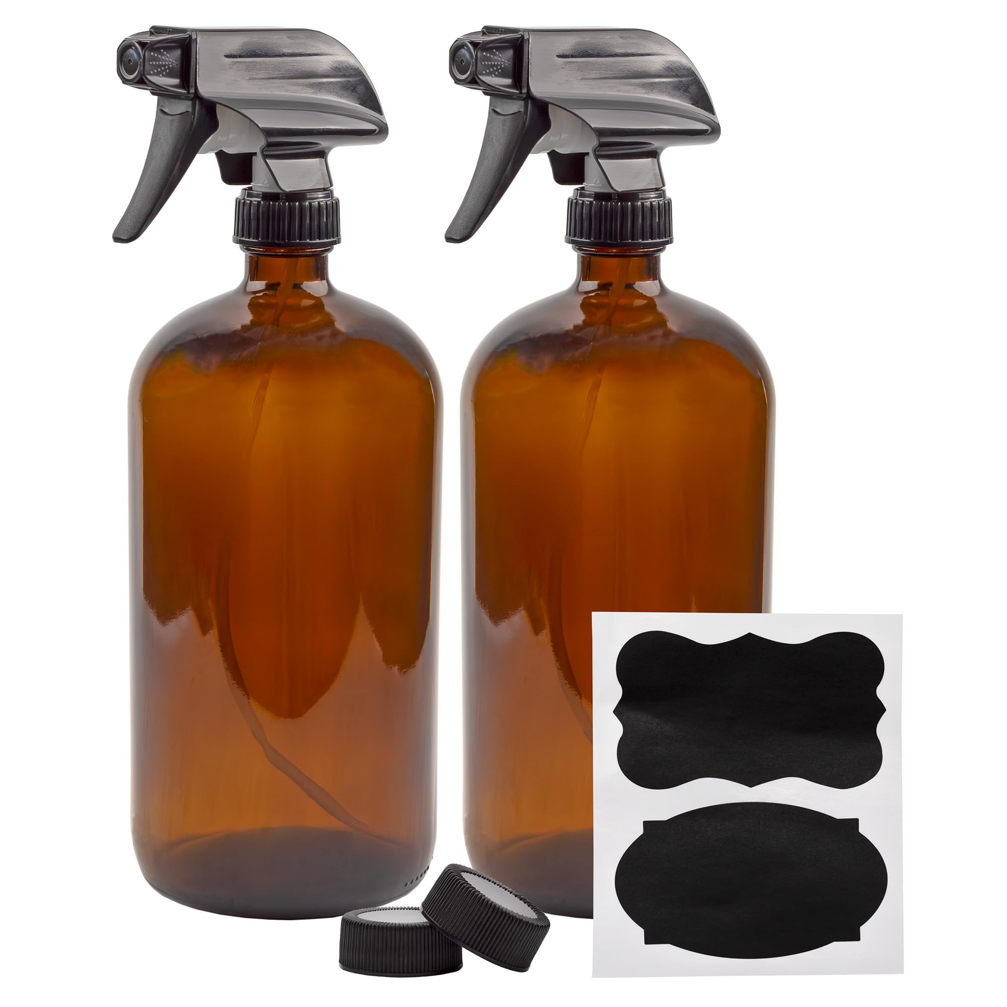 Cornucopia 32oz Amber Glass Spray Bottles (2-Pack); Brown Bottles w/ 3-Setting Trigger Sprayers; Includes Caps for Storage