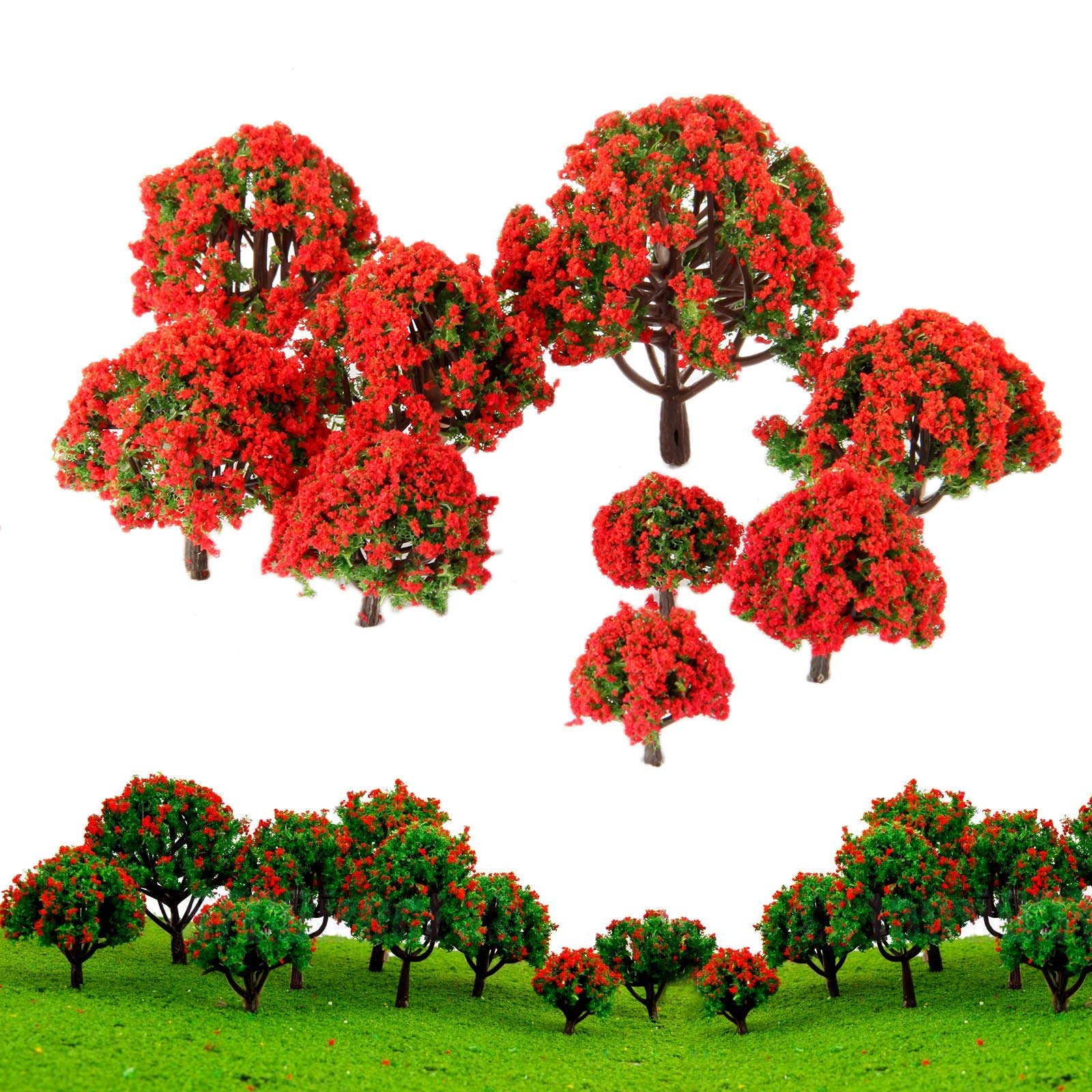 Yetaha 10pcs Model Trees Red Flower Train Trees Model Train Railways Architecture Scenery Diorama Tree Model Railroad Scenery with No Stands for DIY HO N Z Scale Model Train Landscape Supplies