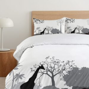 Ambesonne Savannah Duvet Cover Set, Grayscale Silhouette of Savannah Giraffe Deer and Trees Wild Region Theme Africa, Decorative 3 Piece Bedding Set with 2 Pillow Shams, Queen Size, White Grey