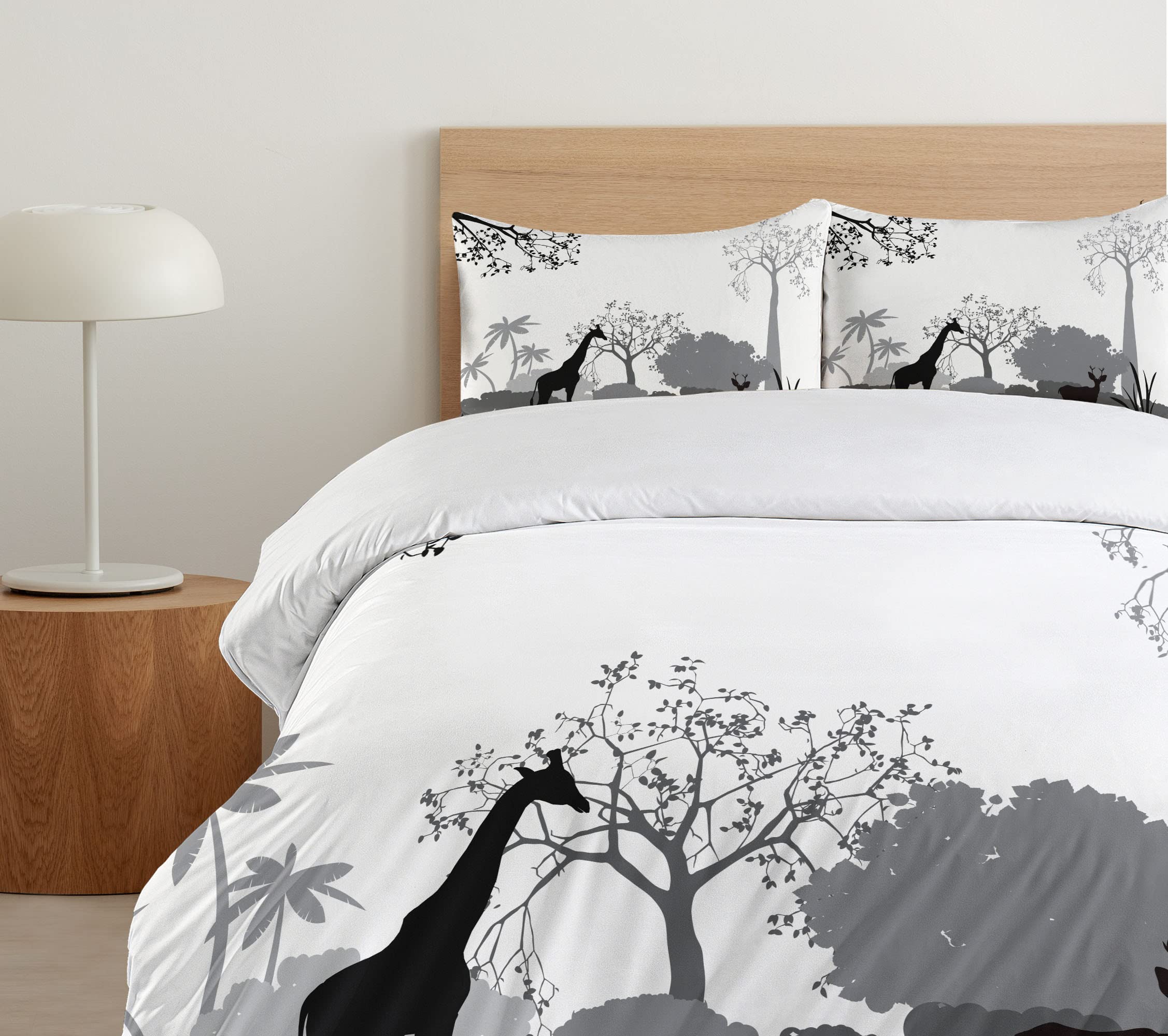 Ambesonne Savannah Duvet Cover Set, Grayscale Silhouette of Savannah Giraffe Deer and Trees Wild Region Theme Africa, Decorative 3 Piece Bedding Set with 2 Pillow Shams, Queen Size, White Grey