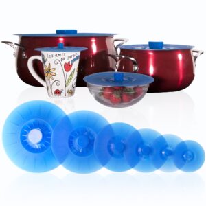 silicone lids extra large blue set of 6 sturdy suction seal covers. universal fit for pots, fry pans, cups and bowls 5" to 12". natural grip handles that interlock for easy use and storage. food safe.