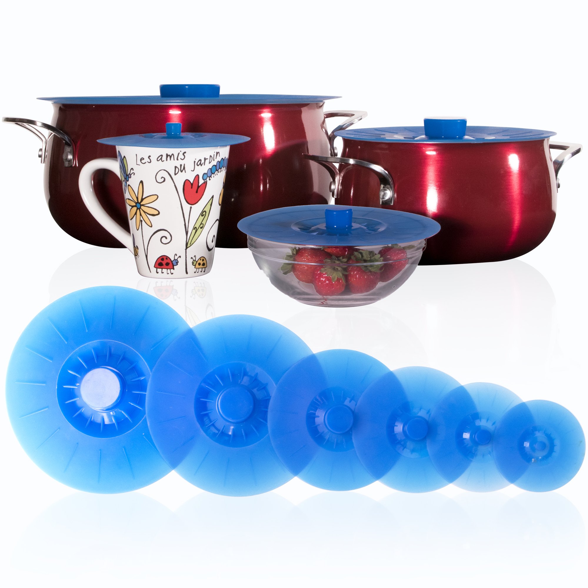 Silicone Lids Extra Large Blue Set of 6 Sturdy Suction Seal Covers. Universal fit for Pots, Fry Pans, Cups and Bowls 5" to 12". Natural grip handles that interlock for easy use and storage. Food Safe.