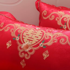 I-MART Queen Size Chinese Traditional Red Sheet Asian Bedding with Dragon and Phoenix Bird Embroidery Duvet Cover Set 4 Pcs