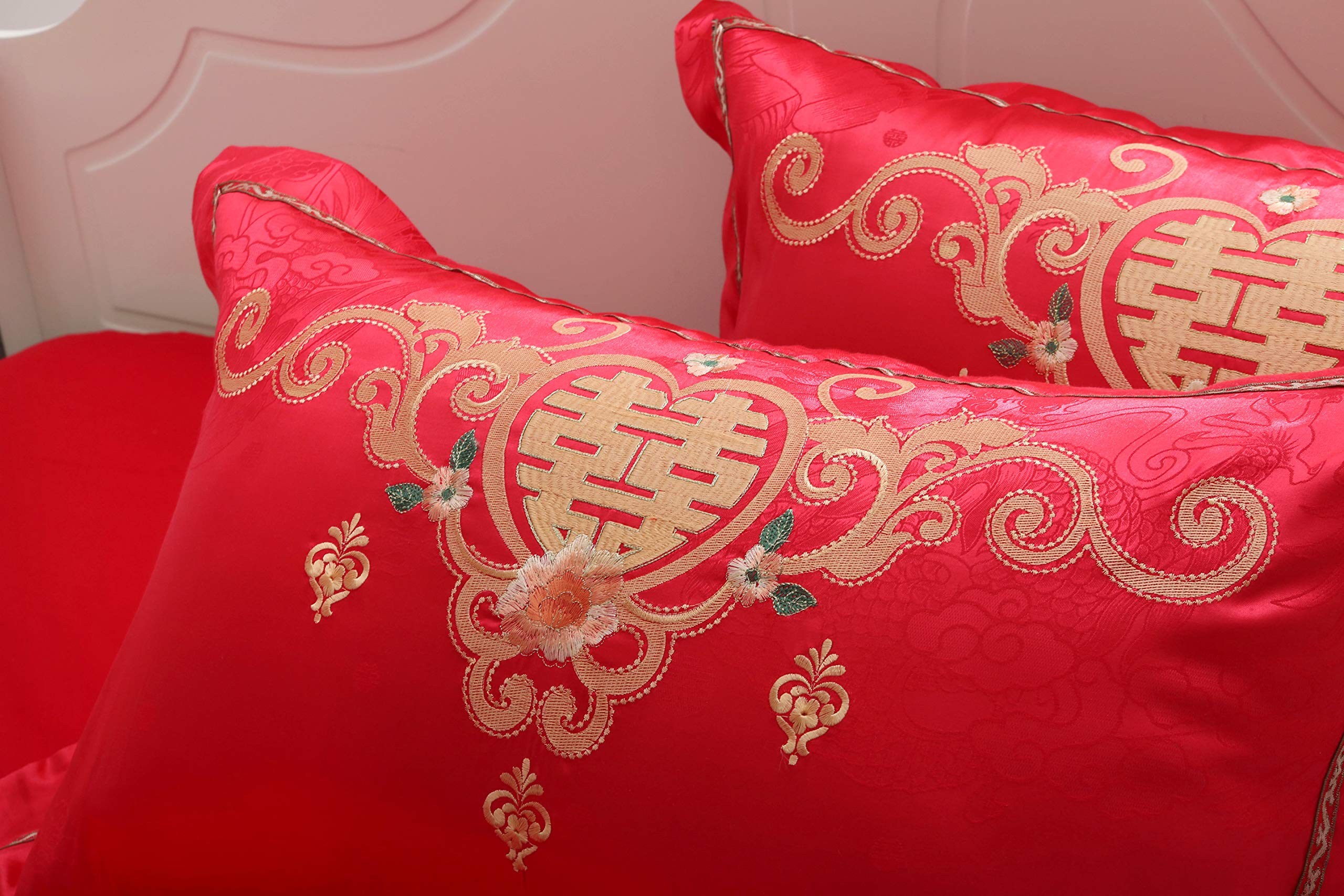 I-MART Queen Size Chinese Traditional Red Sheet Asian Bedding with Dragon and Phoenix Bird Embroidery Duvet Cover Set 4 Pcs