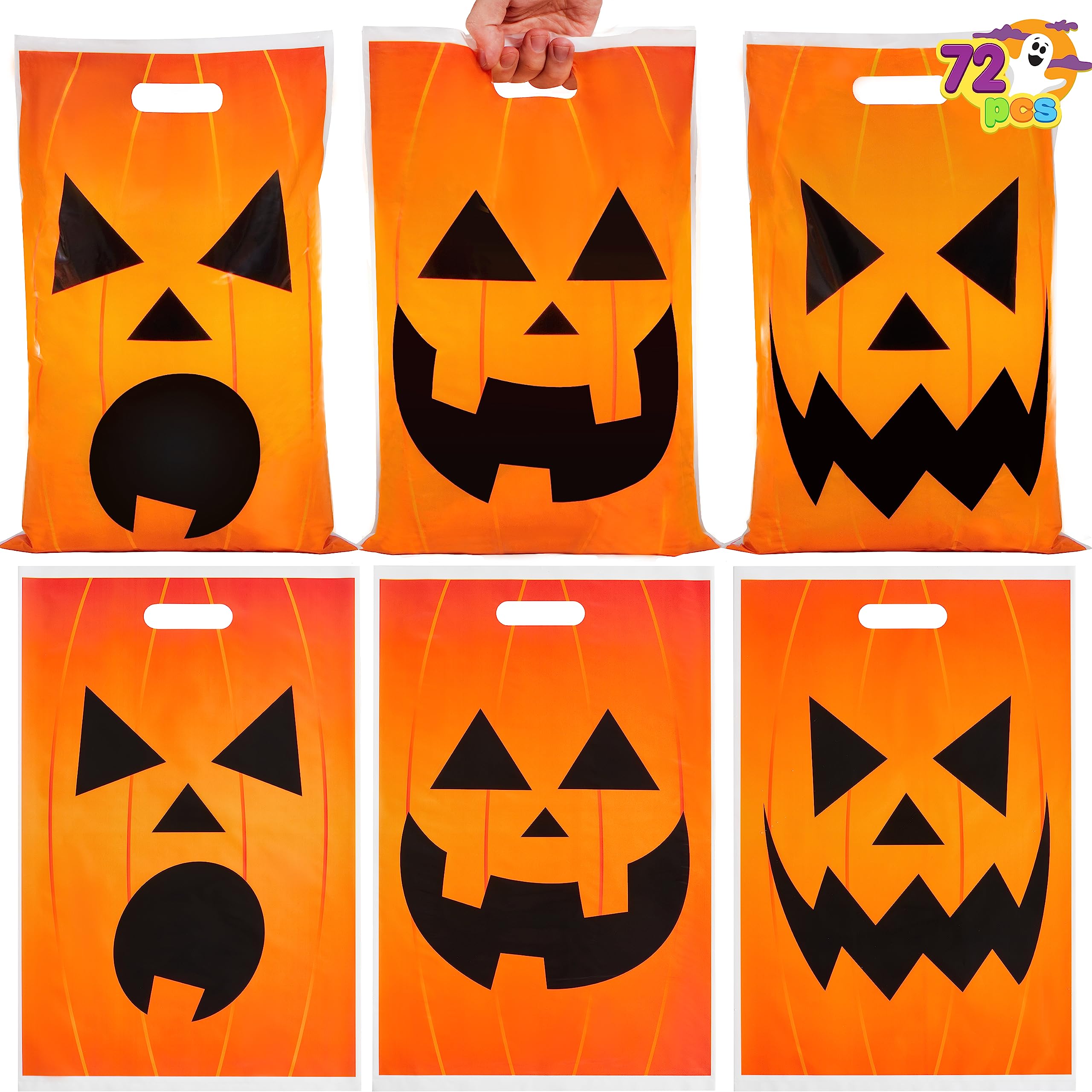 JOYIN 72 Pcs Halloween Goodie Bags, Pumpkin Plastic Candy Bags for Kids Trick or Treating, Halloween Jack o' Lantern Trick or Treat Bags for Halloween Snacks Party Favors, Treats Party Supplies