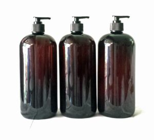 32 oz amber plastic pet plastic bottle with black hand lotion pump and kraft labels (3)