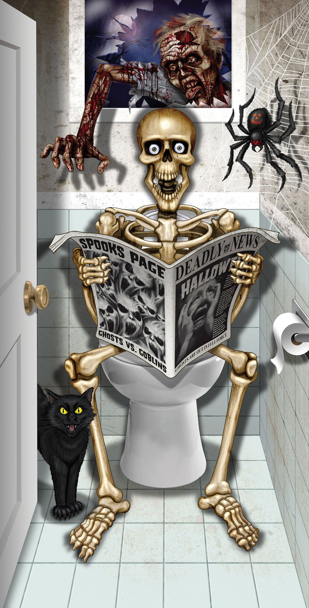 Forum Novelties 76927 Forum Bathroom Skeleton on Toilet Halloween 30" x 60" Door Cover, Multi-colour, us:one size