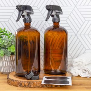 Cornucopia 32oz Amber Glass Spray Bottles (2-Pack); Brown Bottles w/ 3-Setting Trigger Sprayers; Includes Caps for Storage