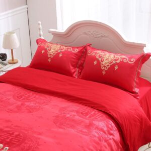 I-MART Queen Size Chinese Traditional Red Sheet Asian Bedding with Dragon and Phoenix Bird Embroidery Duvet Cover Set 4 Pcs