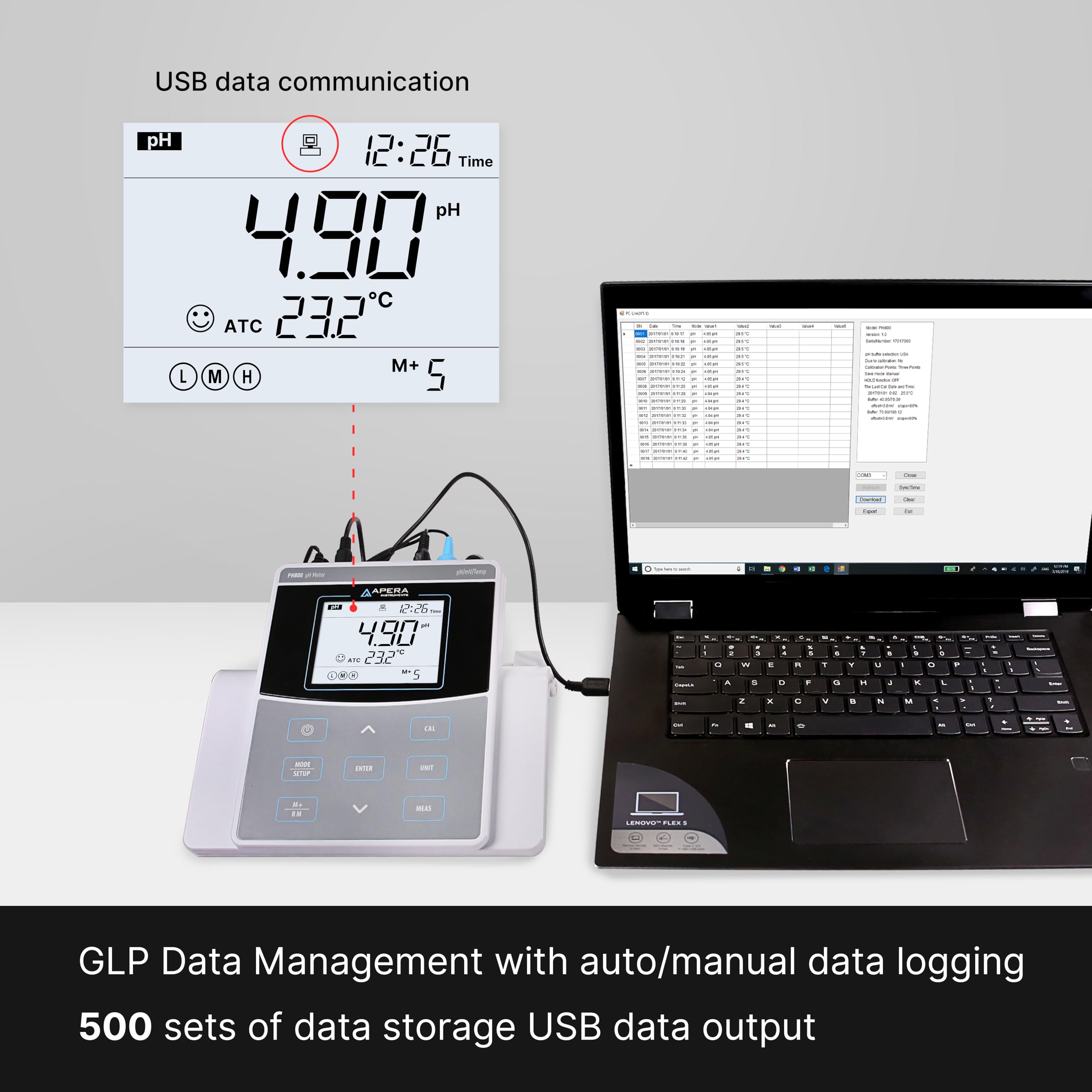 Apera Instruments AI521 PH800 Laboratory Benchtop pH Meter Kit, 0.01 pH Accuracy, GLP Data Management (USB output), BNC connector