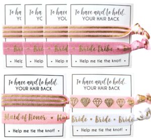 bride tribe hair tie cards. to have and to hold, your hair back. help me tie the knot. bachelorette, wedding shower, party favors for bridesmaids (pack of 6, blush & gold)