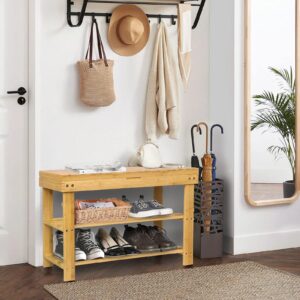 BAMBUROBA Shoe Rack Storage Bench Bamboo Organizer Entryway Organizing Shelf with Storage Drawer on Top, Natural