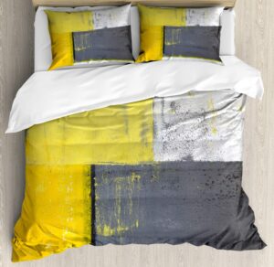 ambesonne grey and yellow duvet cover set, street art modern grunge abstract design squares, decorative 3 piece bedding set with 2 pillow shams, queen size, grey yellow