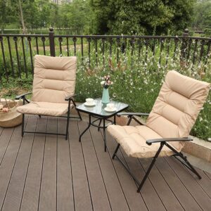 PHI VILLA 3 PCS Patio Bistro Set Outdoor Furniture Folding Chairs Set with Beige Cushions, 2 Adjustable Reclining Chairs & 1 Tempered Glass Coffee Table