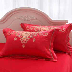 I-MART Queen Size Chinese Traditional Red Sheet Asian Bedding with Dragon and Phoenix Bird Embroidery Duvet Cover Set 4 Pcs