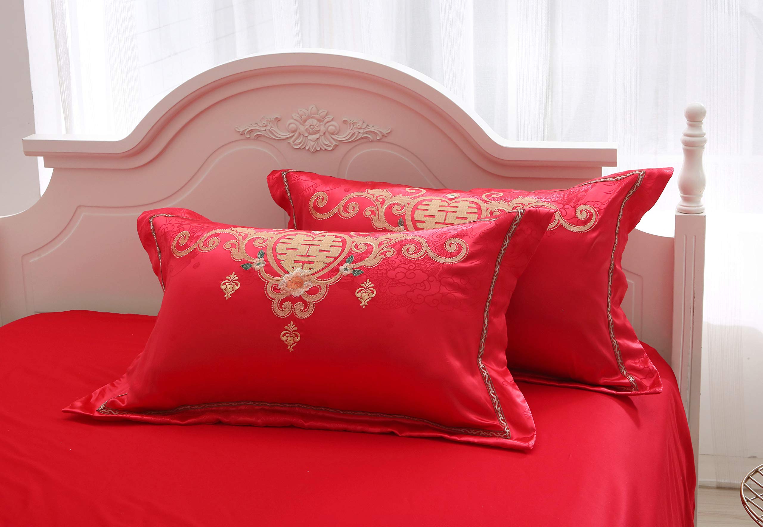 I-MART Queen Size Chinese Traditional Red Sheet Asian Bedding with Dragon and Phoenix Bird Embroidery Duvet Cover Set 4 Pcs