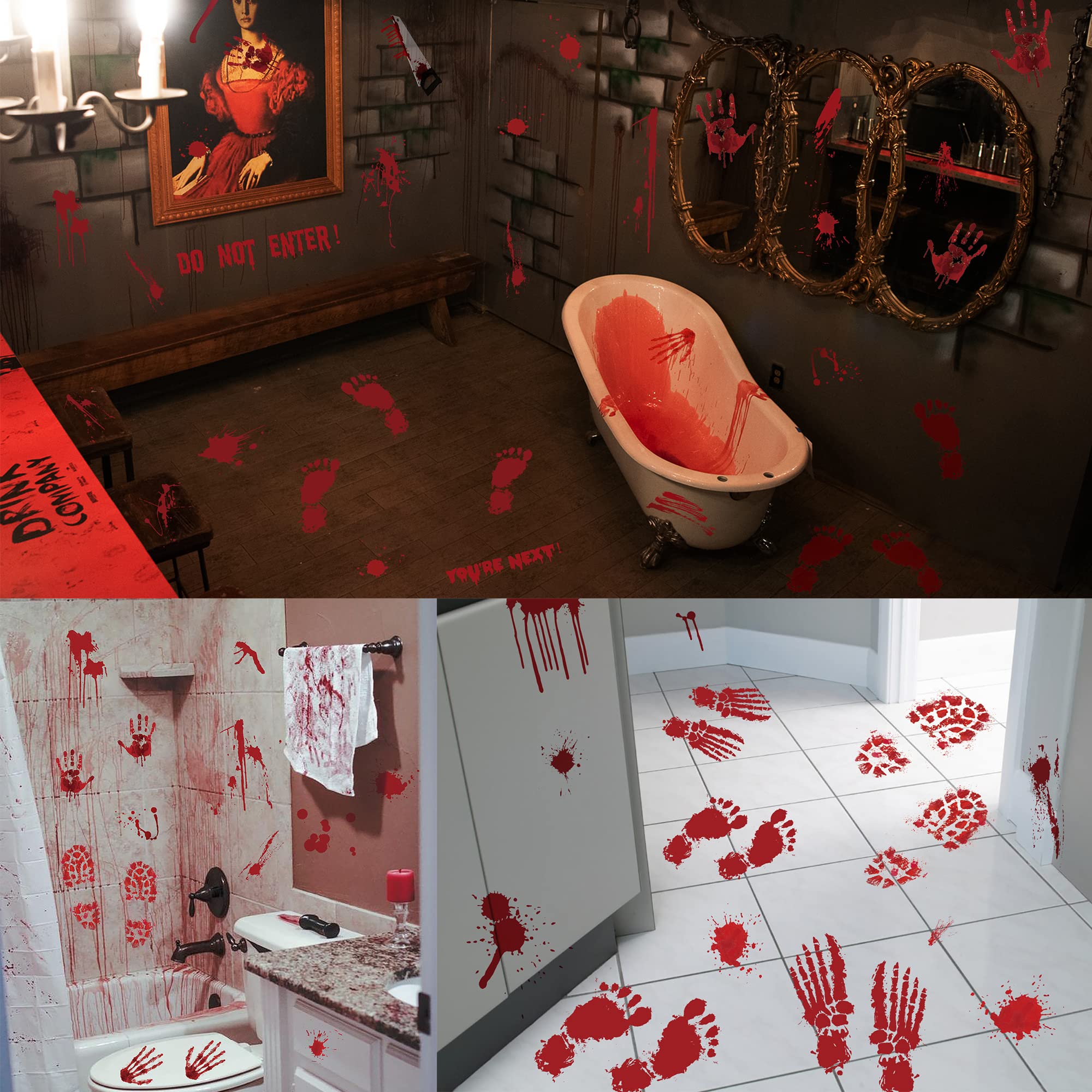 173PCS Halloween Bloody Footprints Floor Clings Plus Tattoos - Hallowmas Handprint Zombie Restroom Sign Decals Party Decorations