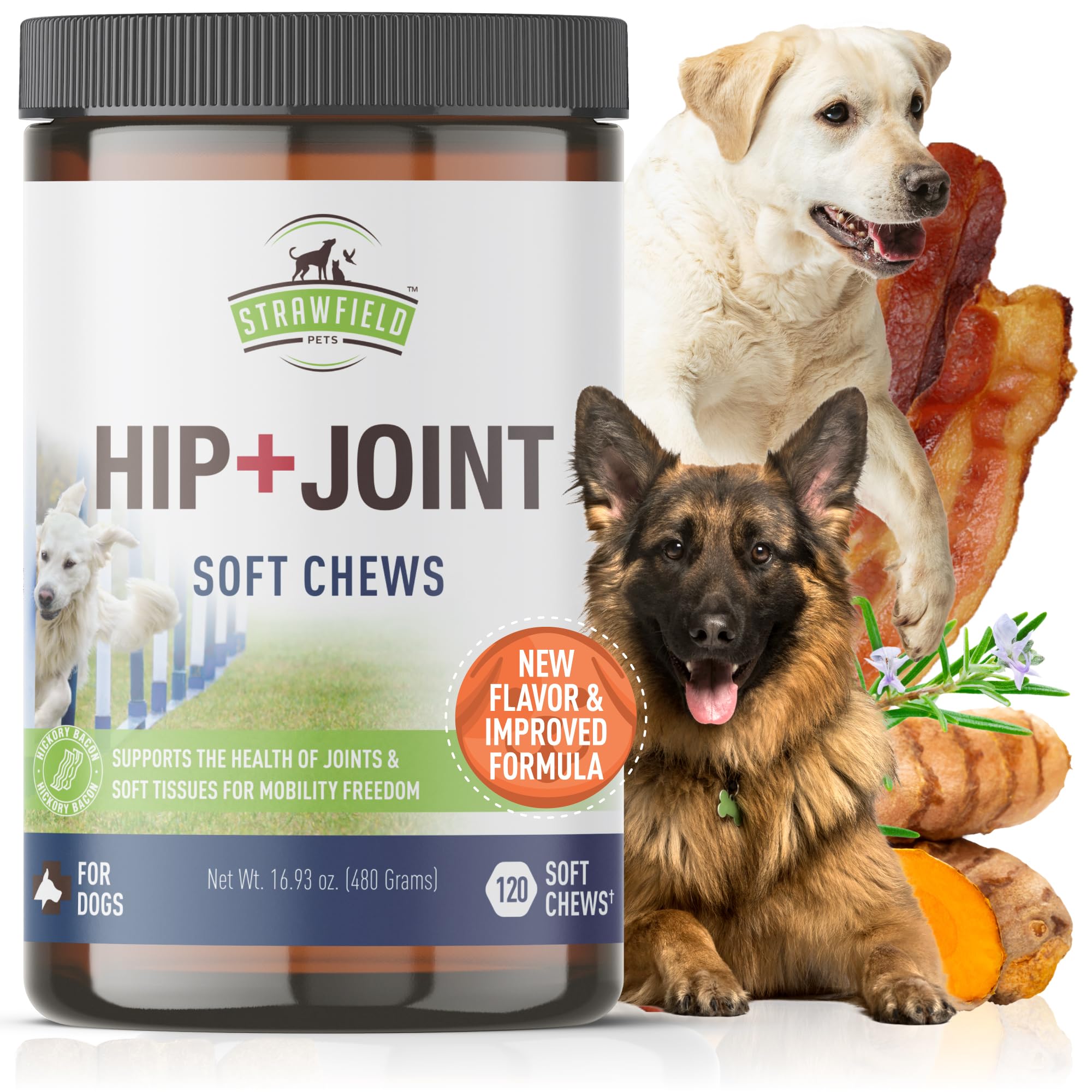 Strawfield Pets Hip + Joint Chews for Dogs Advanced Dog Joint Supplement with Glucosamine Tasty Healthy Mobility Treats Bacon Flavor 120 Count