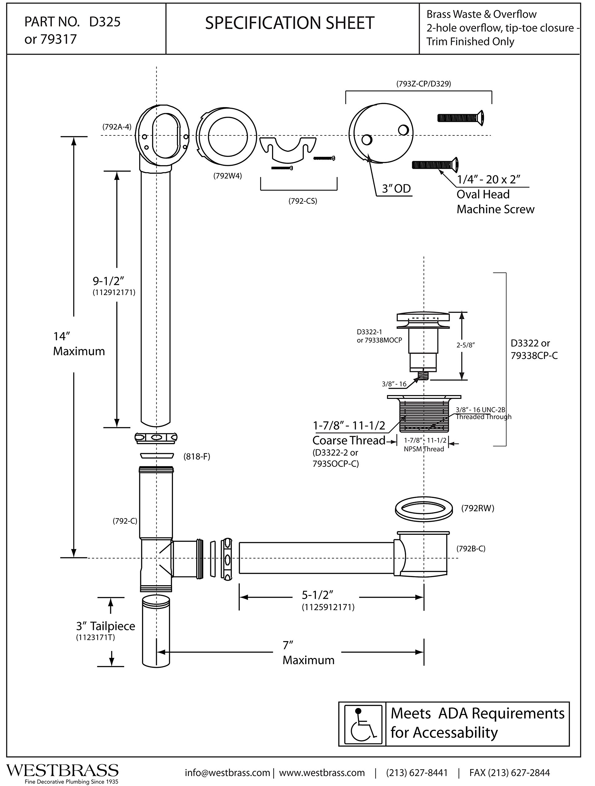 Westbrass 14" 17 Gauge Brass Tip-Toe Drain Bath Waste and Overflow with 2-Hole Faceplate, Matte Black, D325-62