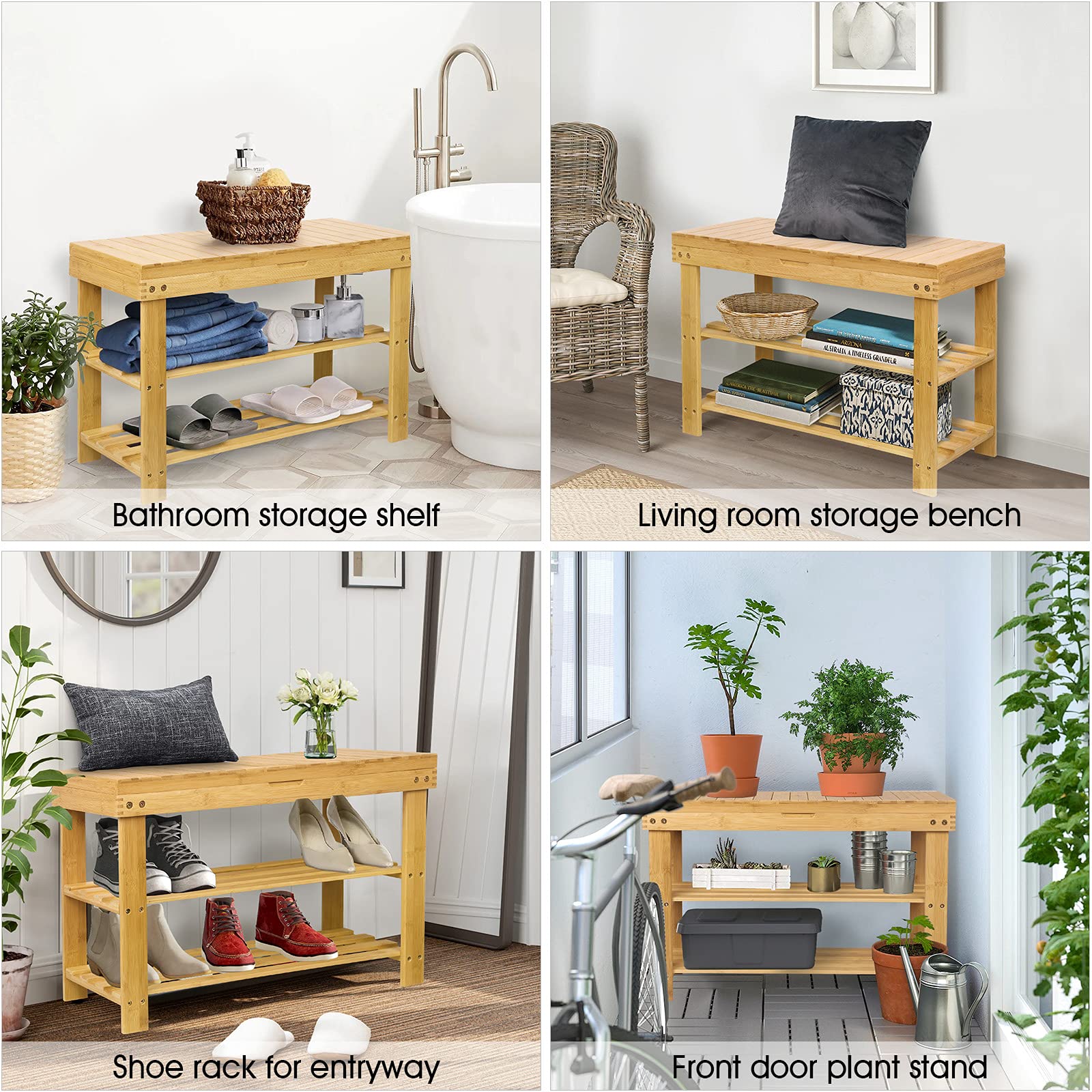 BAMBUROBA Shoe Rack Storage Bench Bamboo Organizer Entryway Organizing Shelf with Storage Drawer on Top, Natural