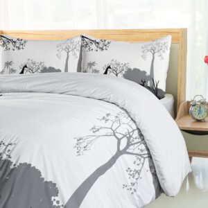 Ambesonne Savannah Duvet Cover Set, Grayscale Silhouette of Savannah Giraffe Deer and Trees Wild Region Theme Africa, Decorative 3 Piece Bedding Set with 2 Pillow Shams, Queen Size, White Grey