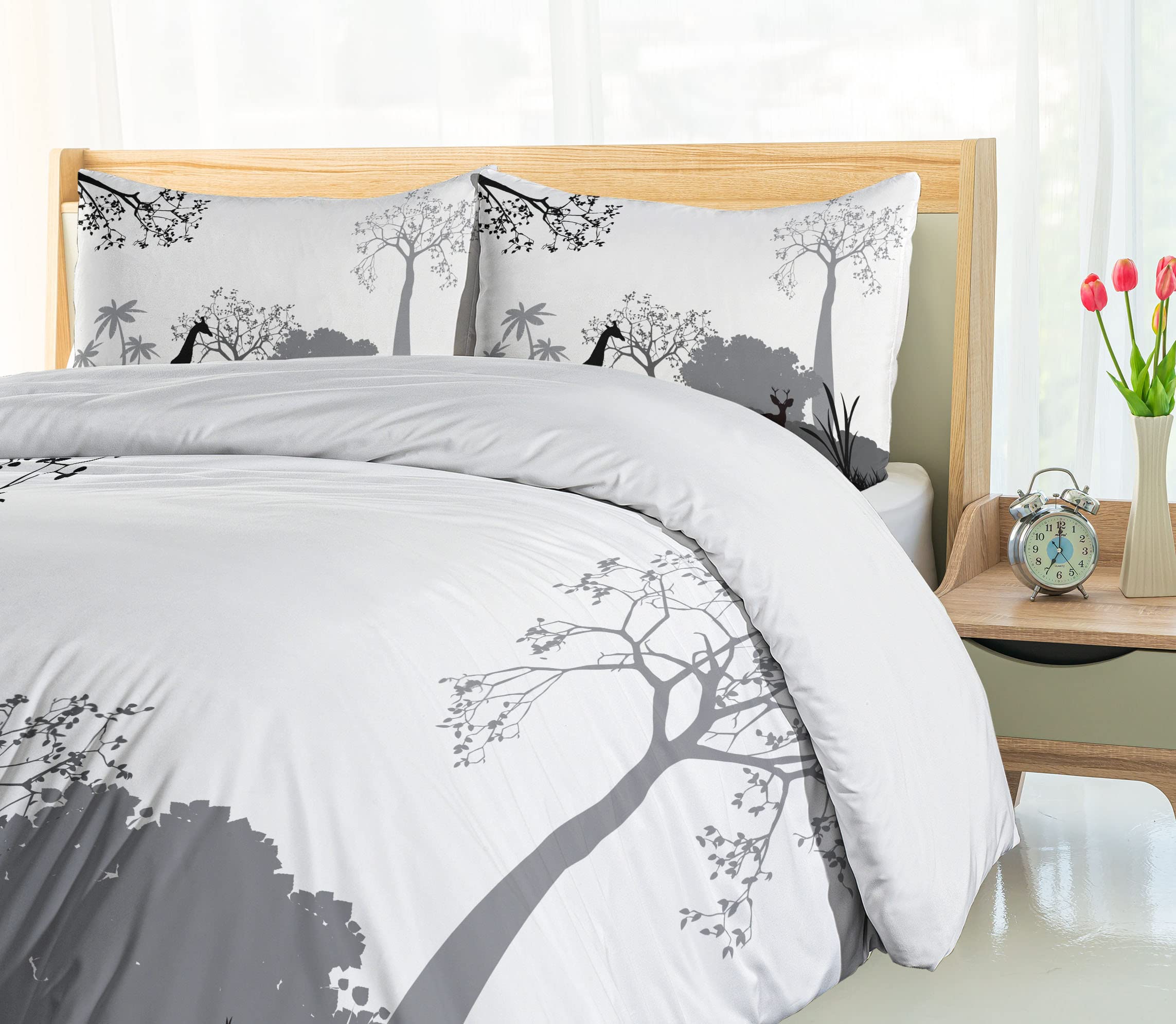 Ambesonne Savannah Duvet Cover Set, Grayscale Silhouette of Savannah Giraffe Deer and Trees Wild Region Theme Africa, Decorative 3 Piece Bedding Set with 2 Pillow Shams, Queen Size, White Grey