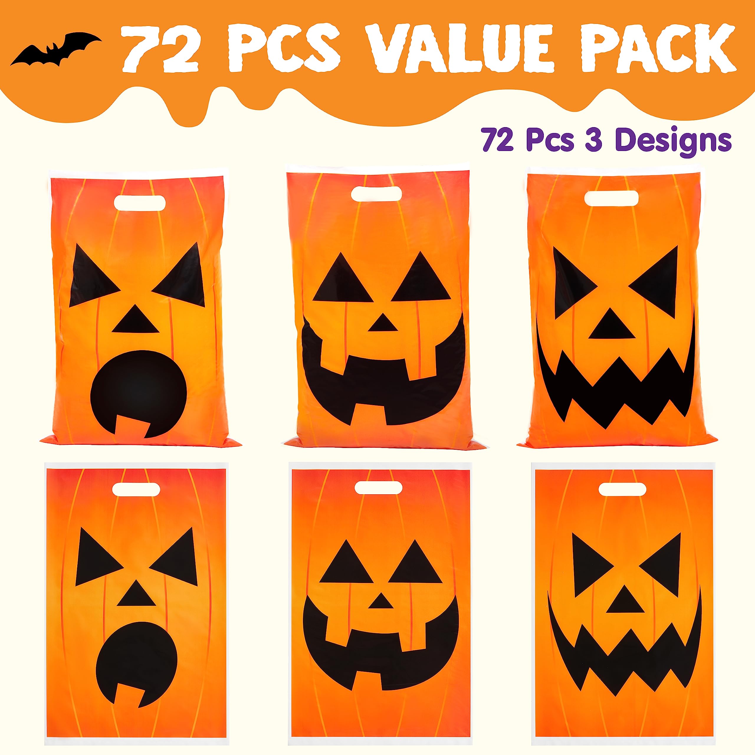 JOYIN 72 Pcs Halloween Goodie Bags, Pumpkin Plastic Candy Bags for Kids Trick or Treating, Halloween Jack o' Lantern Trick or Treat Bags for Halloween Snacks Party Favors, Treats Party Supplies