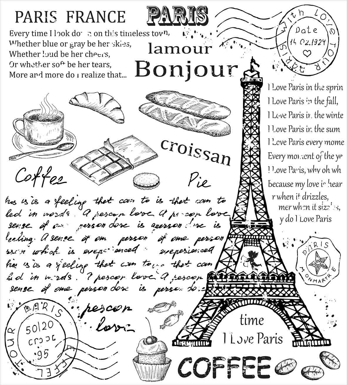 Ambesonne Paris Duvet Cover Set, Traditional Famous Parisian Elements Bonjour Croissan Coffee Eiffel Tower Print, Decorative 3 Piece Bedding Set with 2 Pillow Shams, Queen Size, White Black