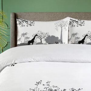 Ambesonne Savannah Duvet Cover Set, Grayscale Silhouette of Savannah Giraffe Deer and Trees Wild Region Theme Africa, Decorative 3 Piece Bedding Set with 2 Pillow Shams, Queen Size, White Grey